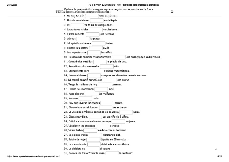 POR o PARA EJERCICIOS - PDF - Ejercicios para Practicar La Gramática | PDF