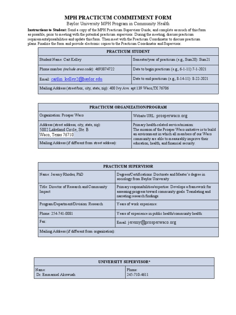 MPH Practicum Commitment Form: Caitlin - Kelley2@baylor - Edu | PDF ...