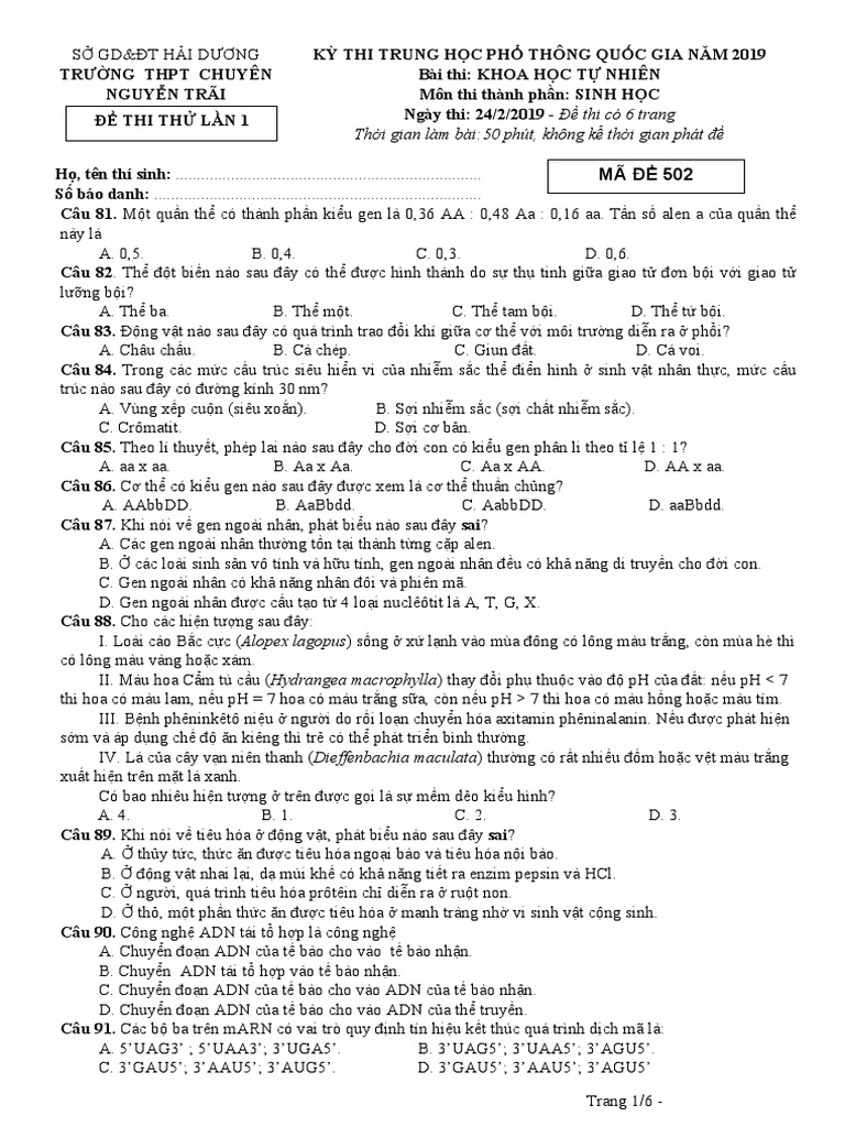 De Thi Thu THPT Quoc Gia 2019 Mon Sinh Hoc THPT Chuyen Nguyen Trai Hai Duong Lan 1 | PDF
