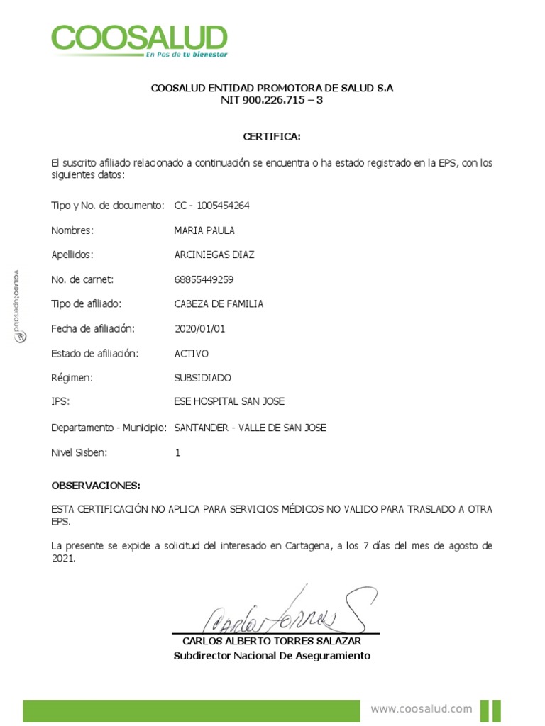 Certificado Coosalud | PDF