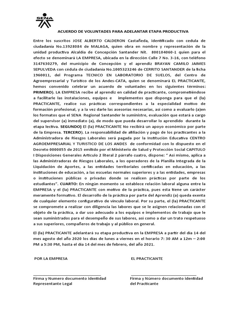 Formato Acuerdo de Voluntades (2) Daniela | PDF