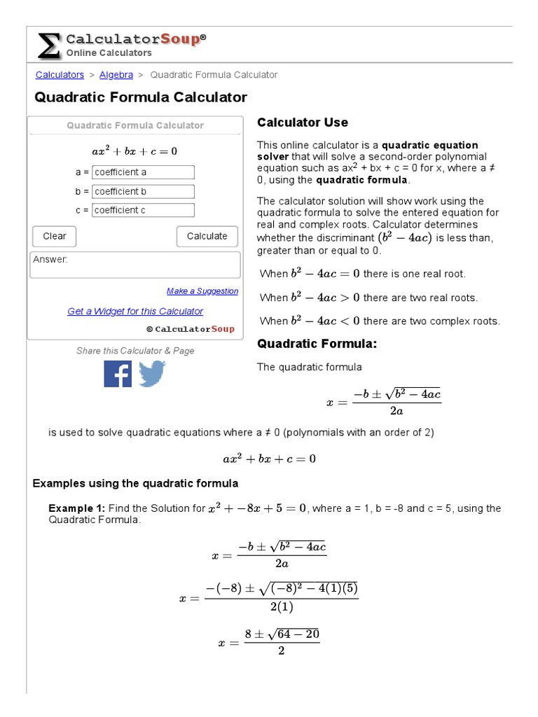 2quadratic Formula Calculator | PDF | Quadratic Equation | Equations
