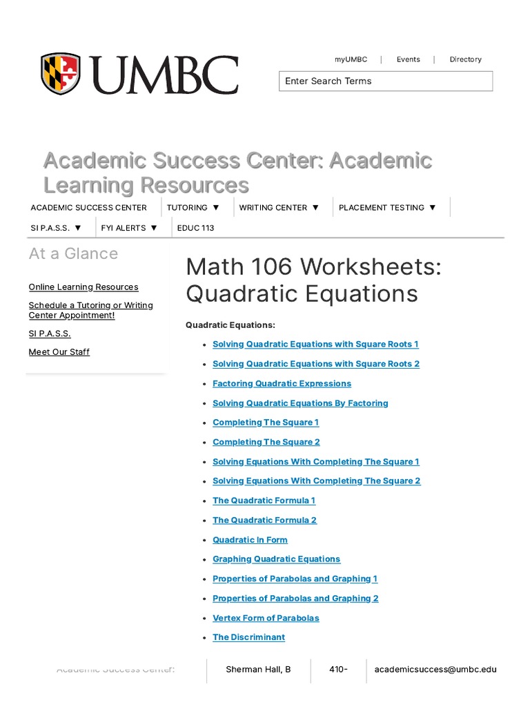 Math 106 Worksheets - Quadratic Equations - Academic Success Center ...
