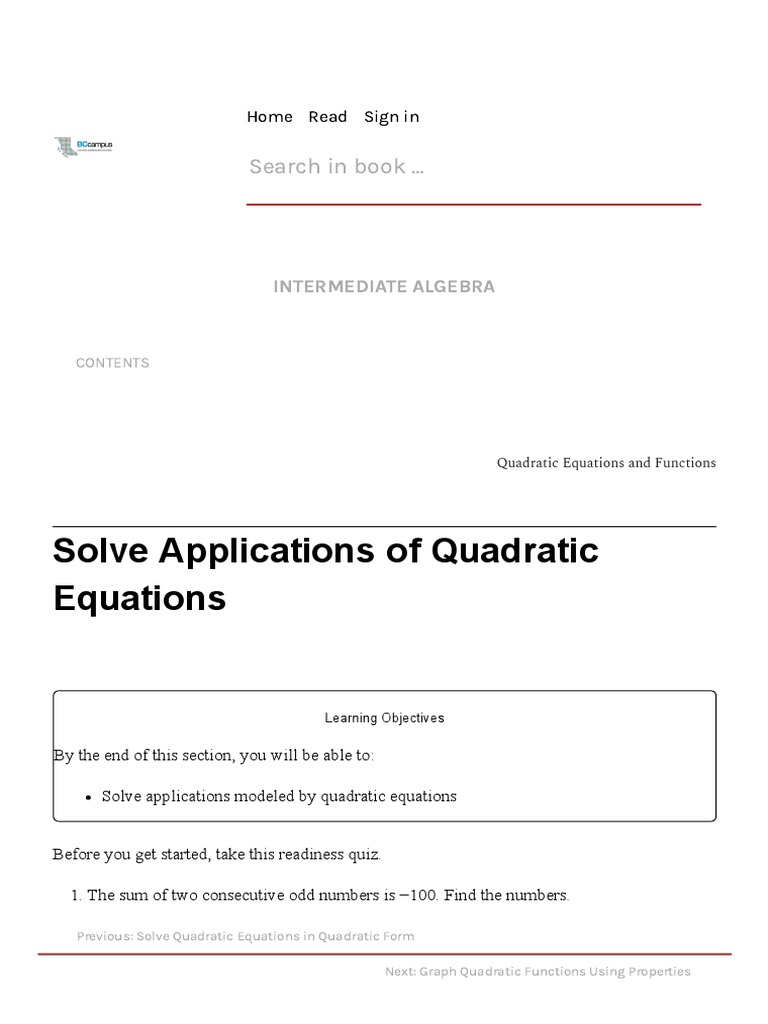 Solve Applications of Quadratic Equations - Intermediate Algebra | PDF ...