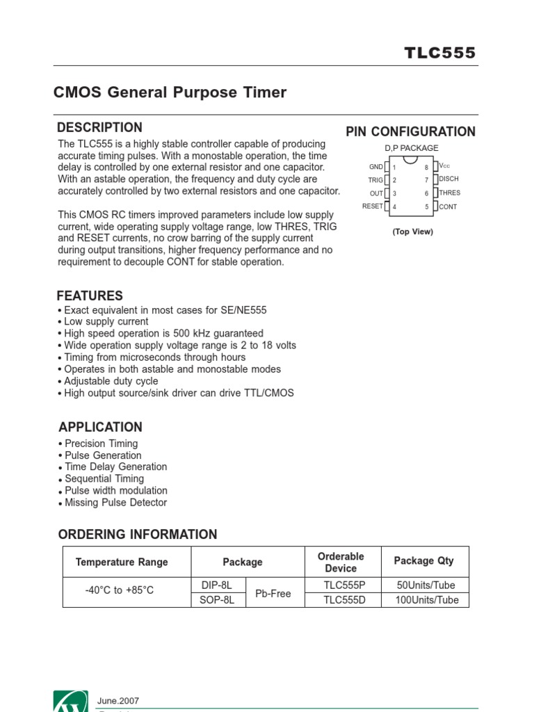 TLC555 CMOS Timer Specifications Guide | PDF | Electrical Engineering ...