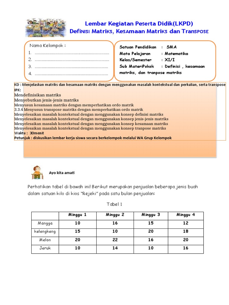Lembar Kegiatan Peserta Didik (LKPD) Definisi Matriks, Kesamaan Matriks ...