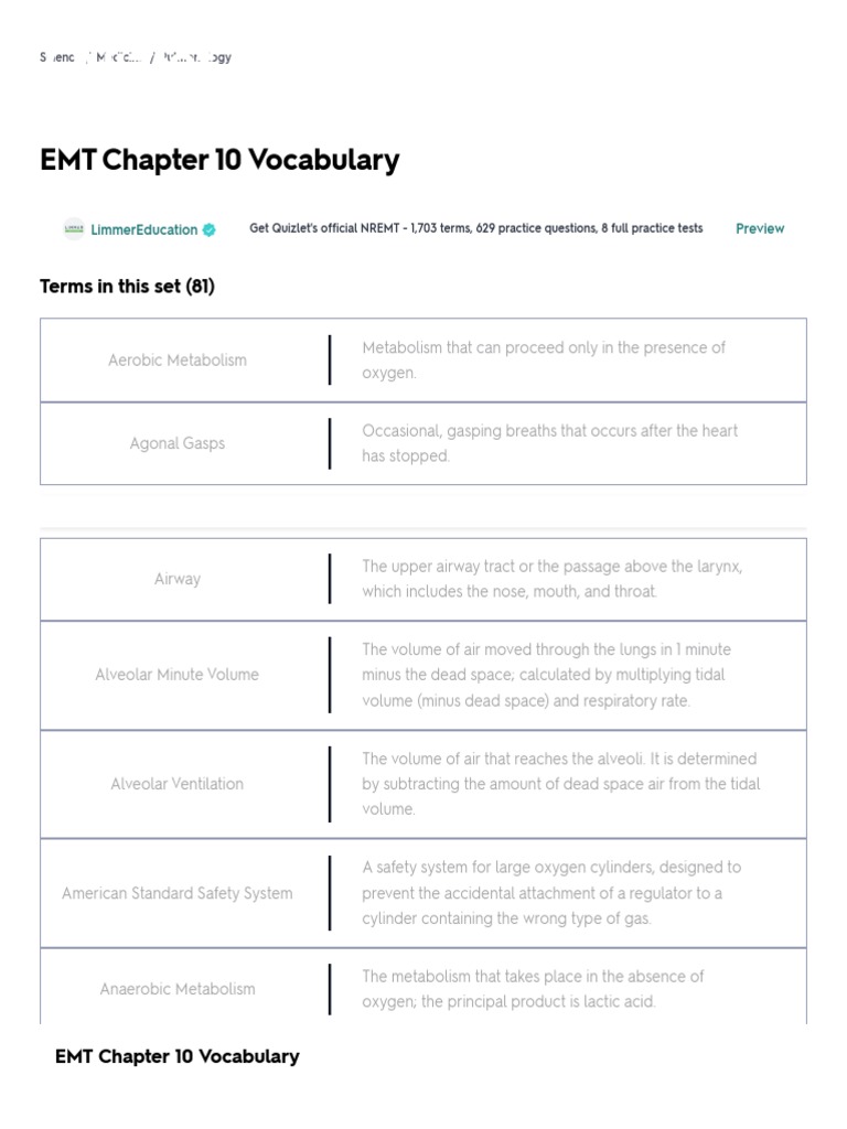 EMT Chapter 10 Vocabulary Flashcards - PT 1 | PDF | Breathing ...