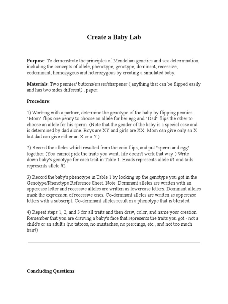 Create A Baby Lab | PDF | Dominance (Genetics) | Genotype