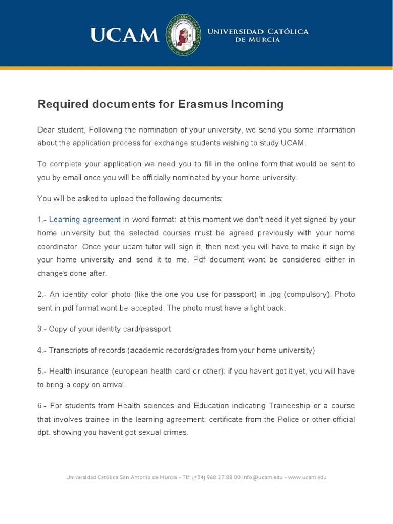 Required Documents For Erasmus Incoming: Learning Agreement | PDF