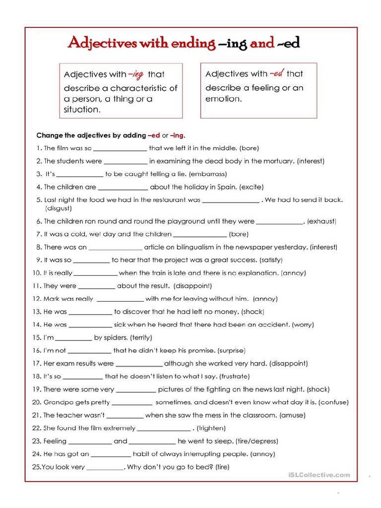 Adjectives - Ed or - Ing Worksheet | PDF