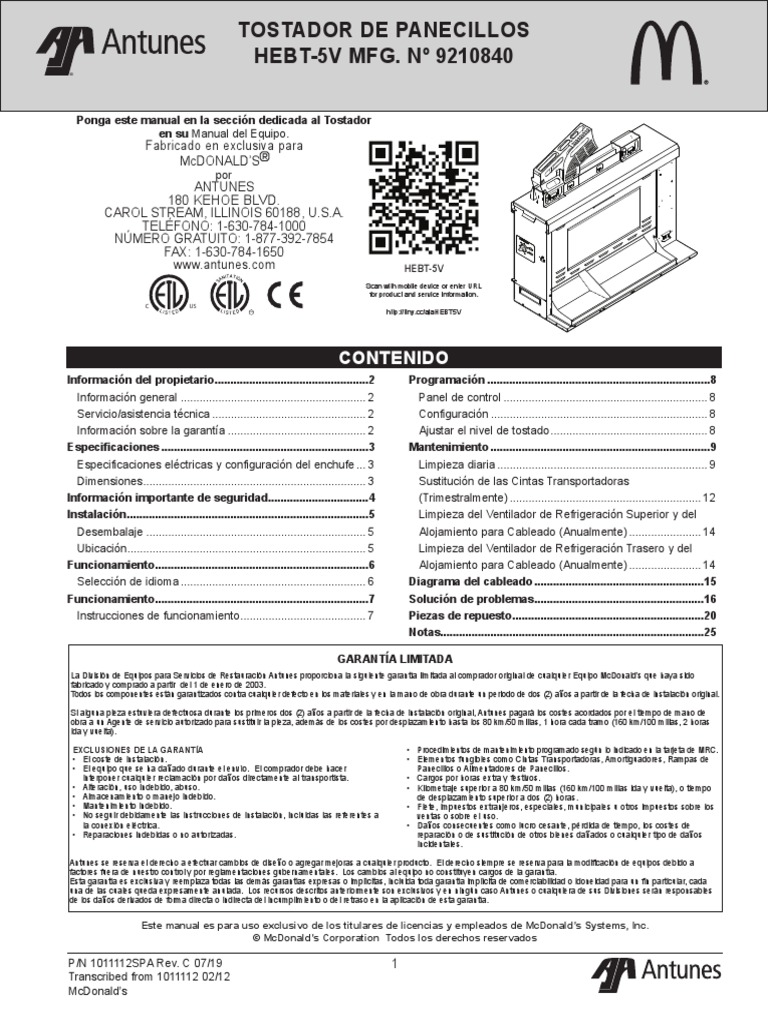 High Efficiency Bun Toaster HEBT 5V MCD Owners Manual Español | PDF ...