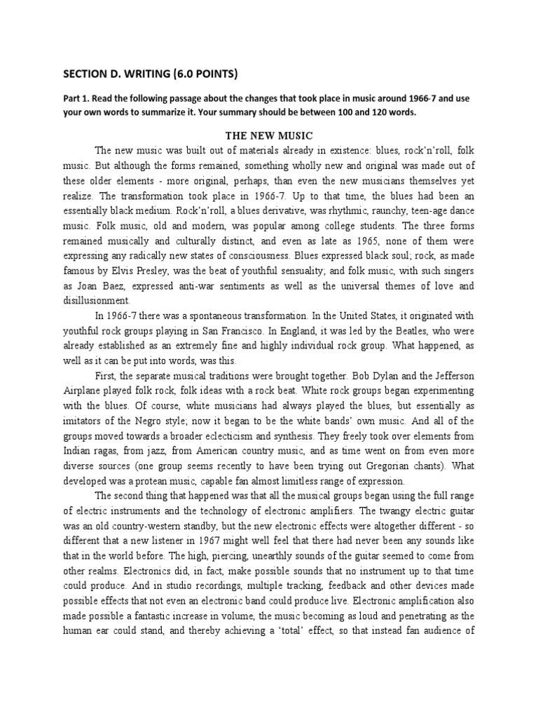 Section D. Writing (6.0 Points) : The New Music | PDF | Rock Music ...