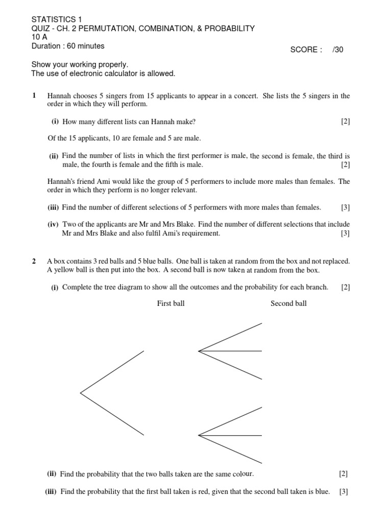 Probability & Combinatorics Quiz | PDF | Probability | Mathematics