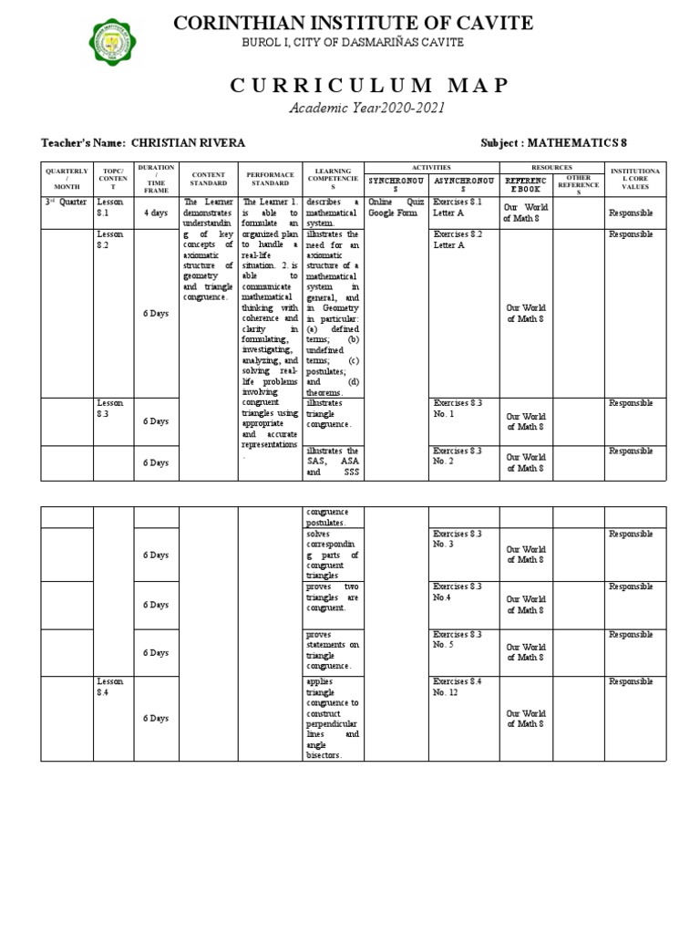 Grade 8 Curriculum Map 3rd and 4th | Download Free PDF | Mathematics ...