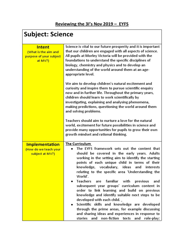 Subject: Science: Reviewing The 3i's Nov 2019 - EYFS | PDF | Science ...