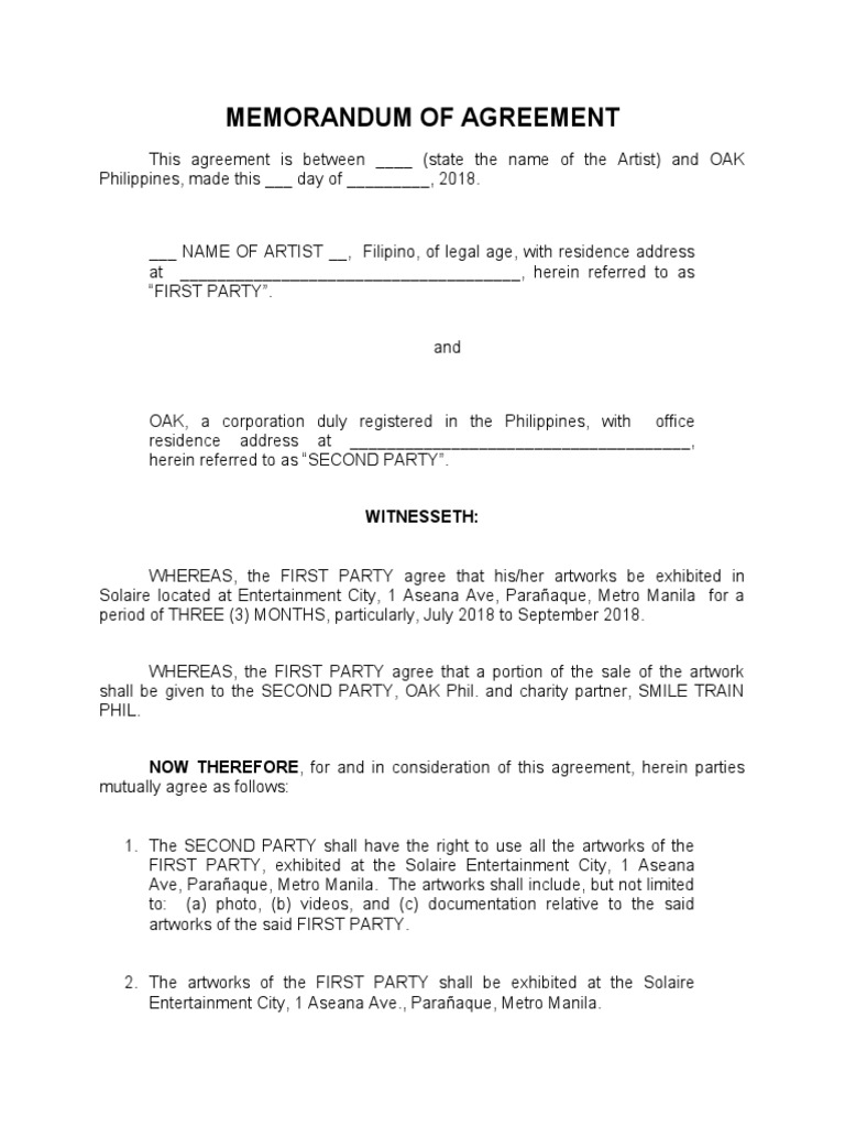 Art Exhibition Agreement Between Artist and Gallery Establishing Terms ...