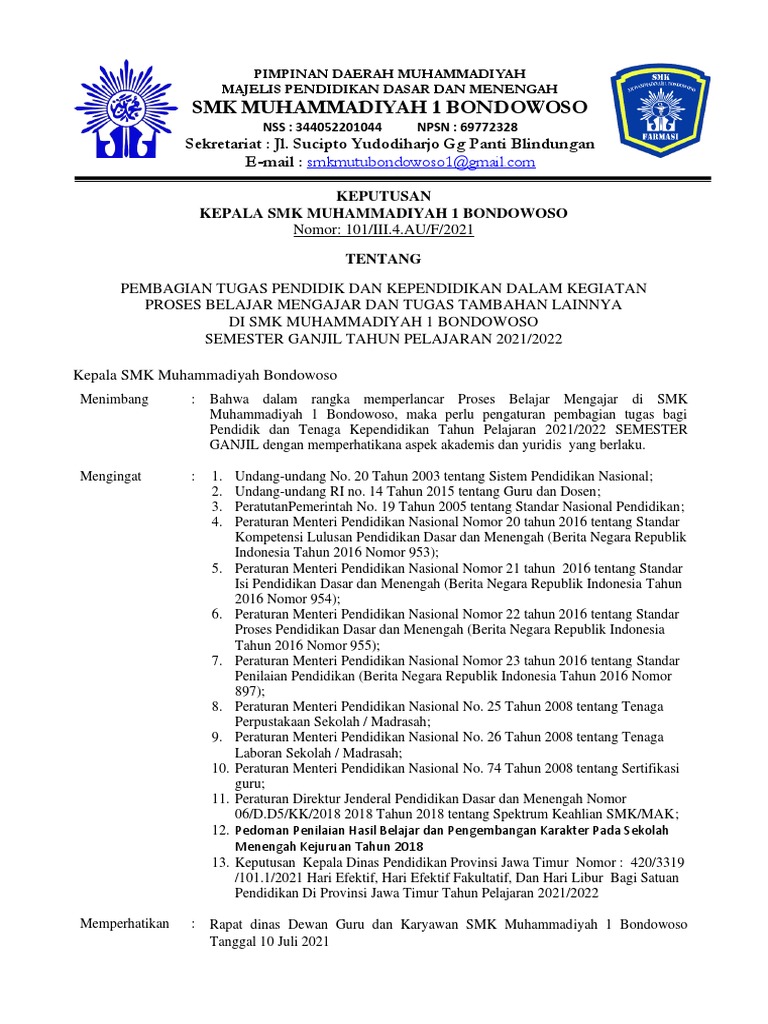 SK KBM SMK Muhammadiyah 1 Bondowoso 2021-2022 | PDF