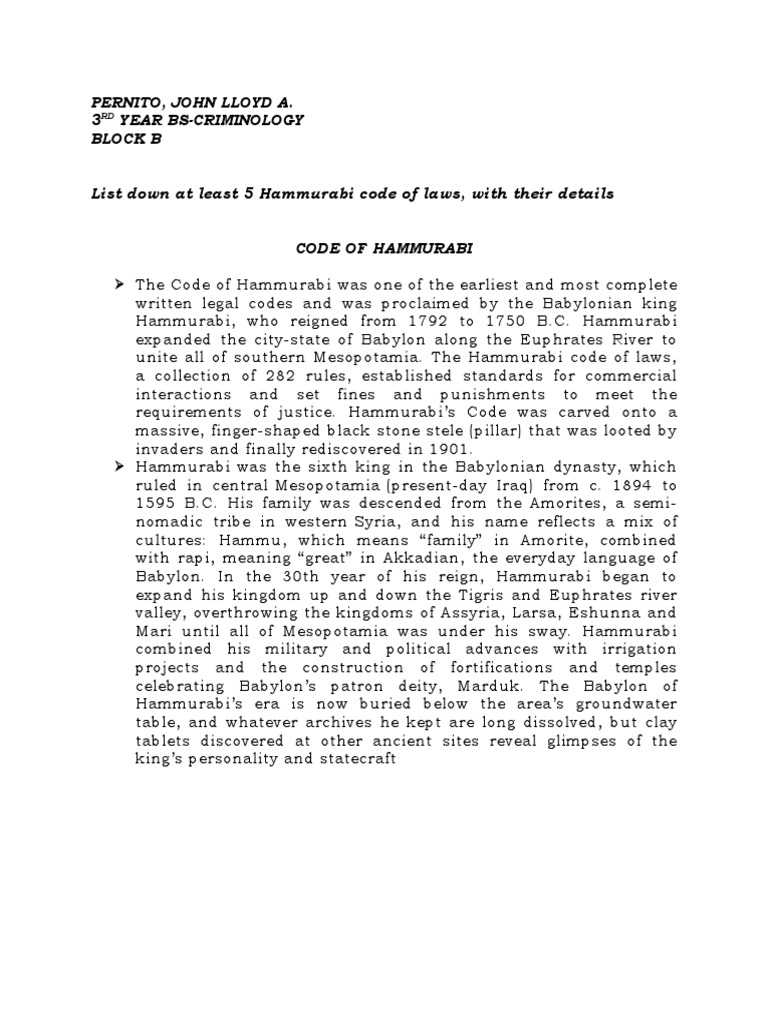 Code of Hammurabi Assignment | PDF | Hammurabi | Babylon
