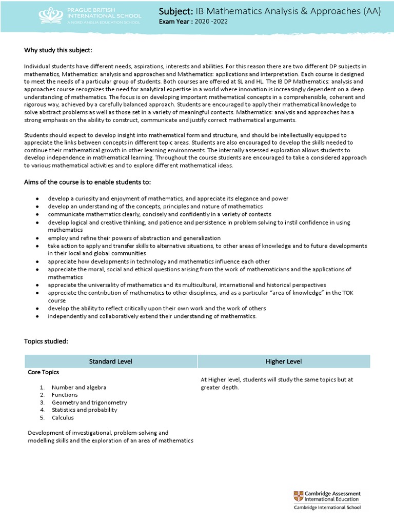 IB Math Analysis & Approaches Syllabus 2020 | PDF | Teaching ...