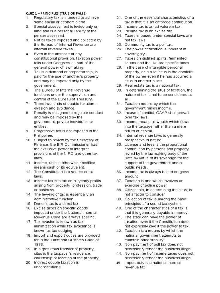 Quiz 1-Principles of Taxation | PDF | Taxes | Taxation In The United States