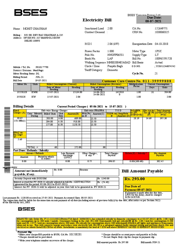 Bill Electric of BSES Delhi Goverment | PDF | Cheque | Electric Power