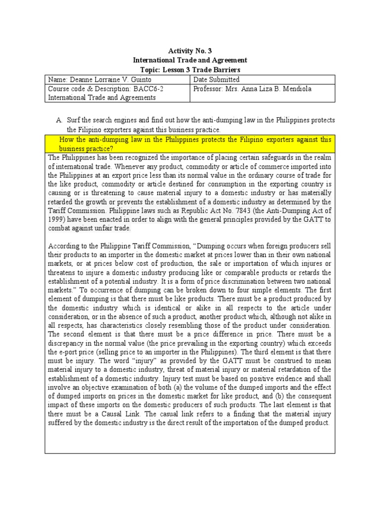 Activity No. 3 - Trade Barriers | PDF | Dumping (Pricing Policy ...