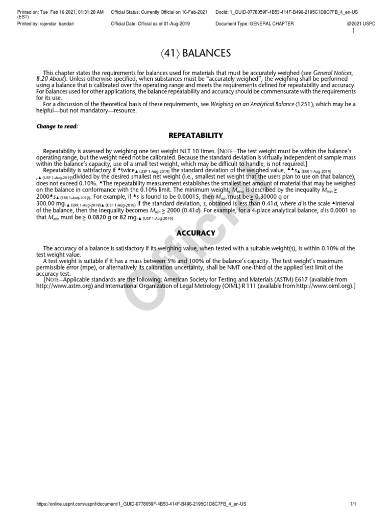 41 USP Weighing On Balance | PDF | Weighing Scale | Weight
