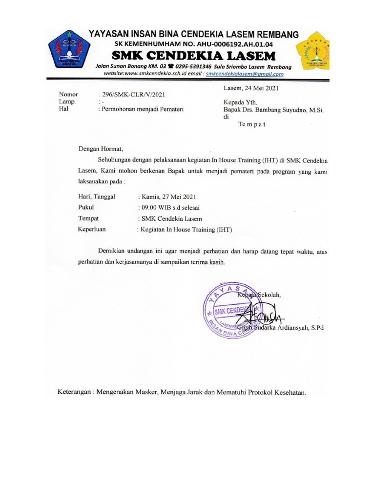Undangan Kegiatan in House Training | PDF