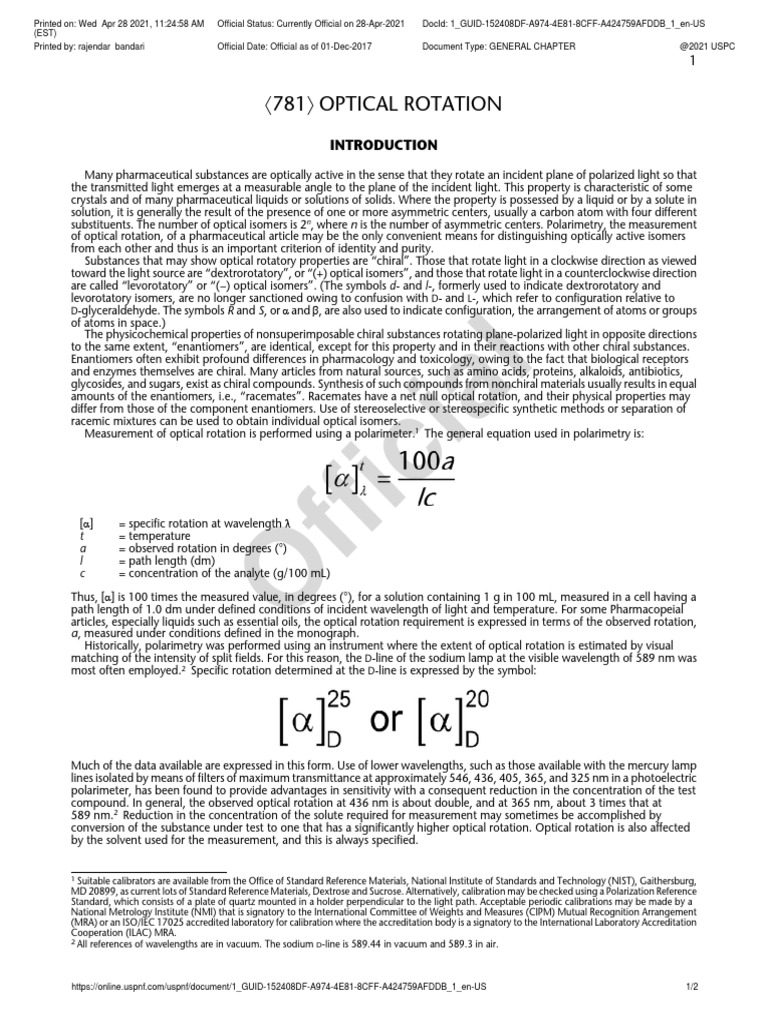 781 Optical Rotation | PDF | Chirality (Chemistry) | Physical Sciences