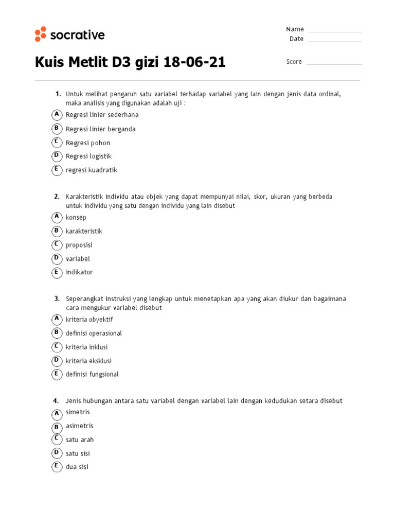 Kuis Metlit D3 Gizi 18-06-21 | PDF | Sains & Matematika