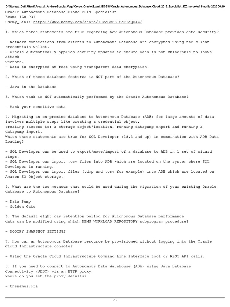 Oracle Autonomous Database Cloud 2019 Specialist 1Z0 931 | PDF ...