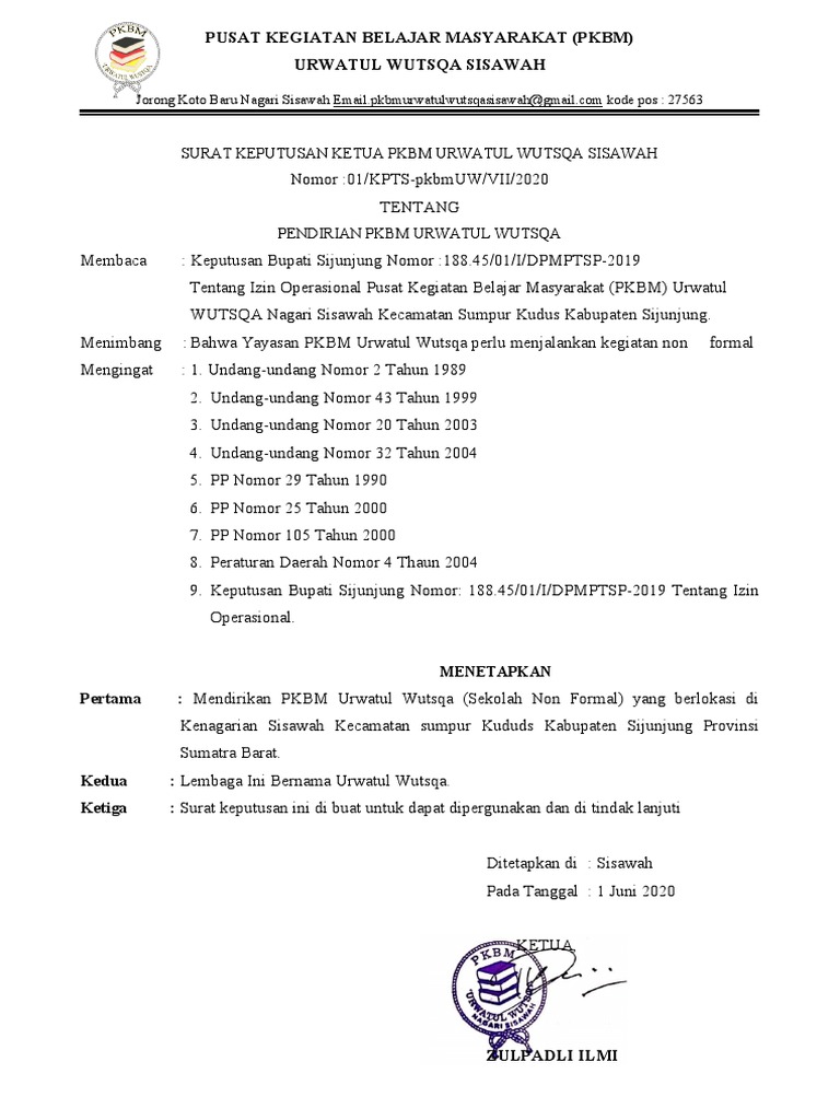 SK Pendirian PKBM | PDF