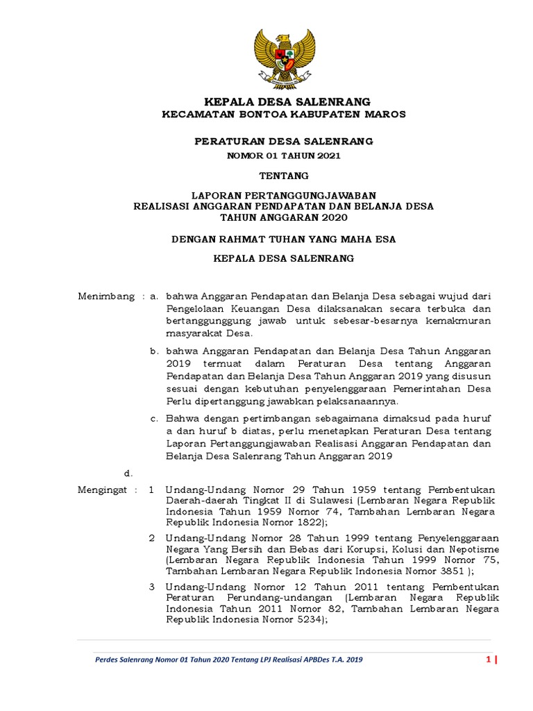 Perdes 01 THN 2021 TTG - Lra Apbdes 2020 LD-01 | PDF