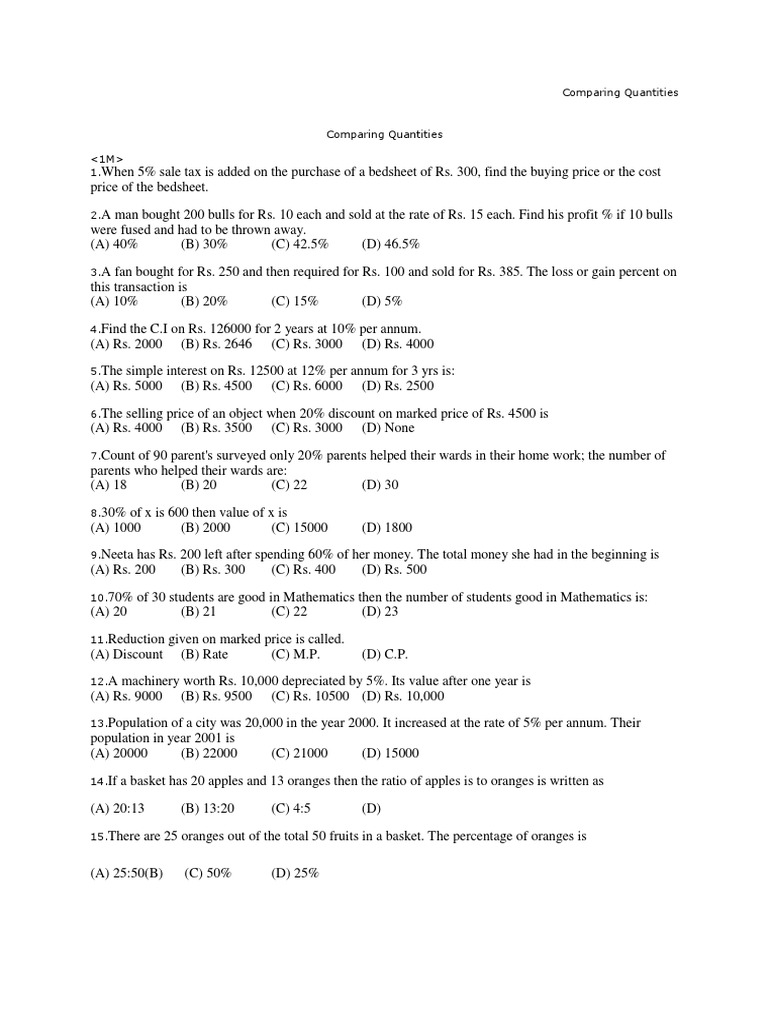 CBSE Class 8 Compairing Quantities Worksheet | PDF | Interest | Prices
