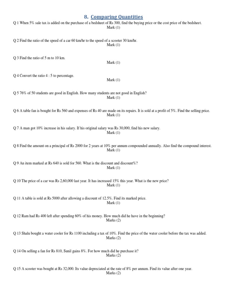 CBSE Class 8 Mathematics Worksheet - Comparing Quantities | PDF ...