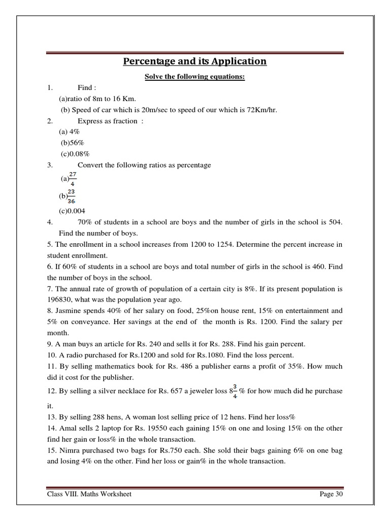 Percentage Applications for Class 8 | PDF | Percentage | Economies