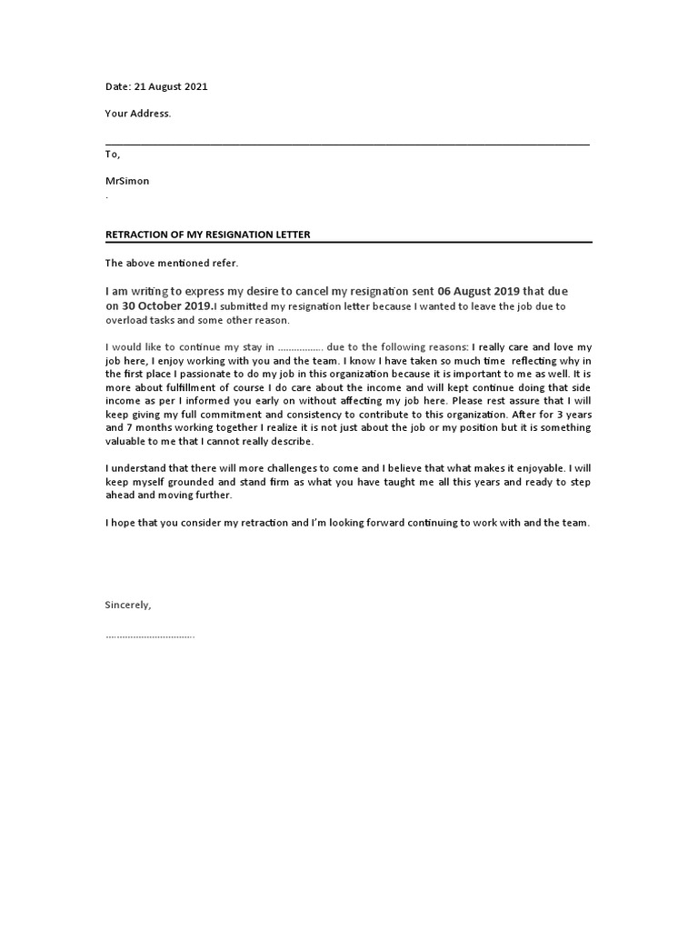 Retraction of My Resignation Letter | PDF