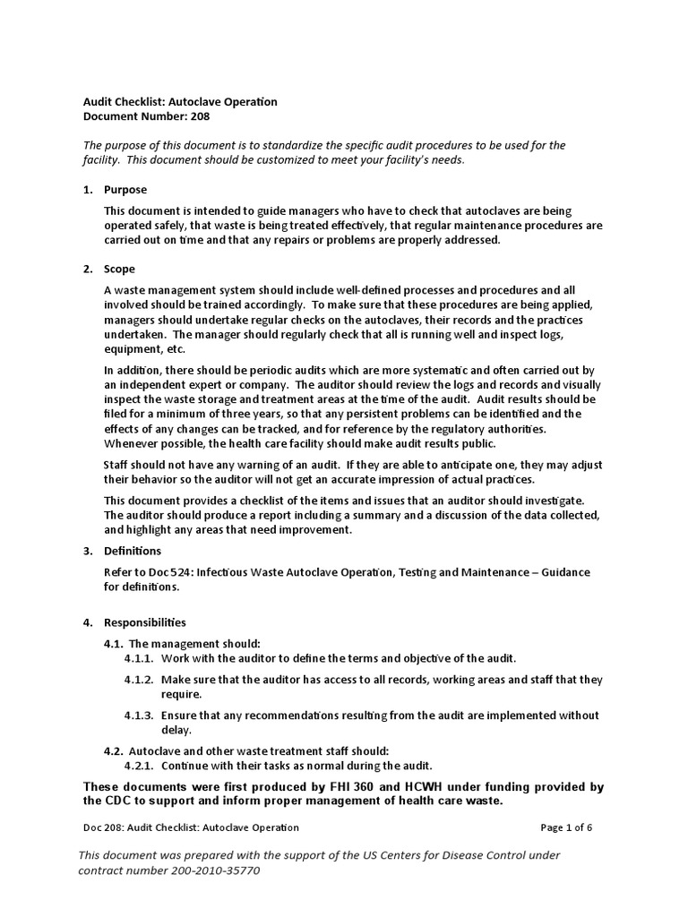 Autoclave Operation Audit Checklist | PDF | Centers For Disease Control ...