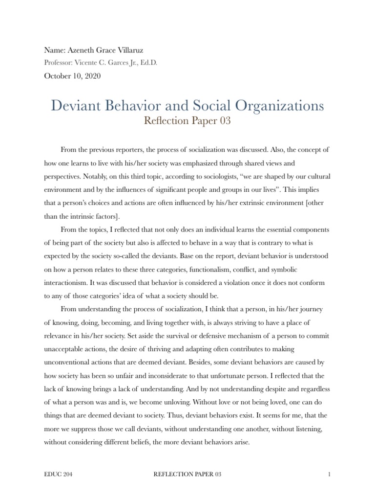 Deviant Behavior and Social Organizations: Reflection Paper 03 | PDF | Deviance (Sociology ...
