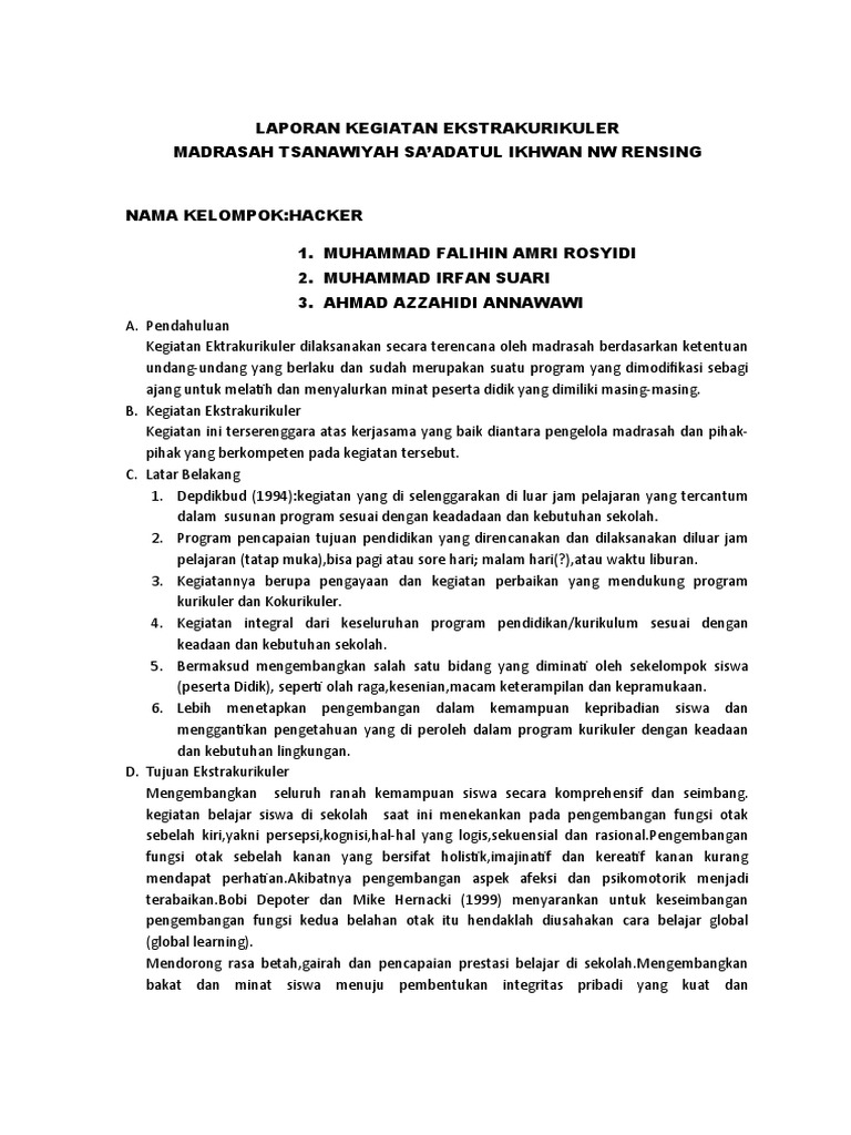 Laporan Kegiatan Ekstrakurikuler Di Mts | PDF | Kesehatan Holistik | Sains & Matematika