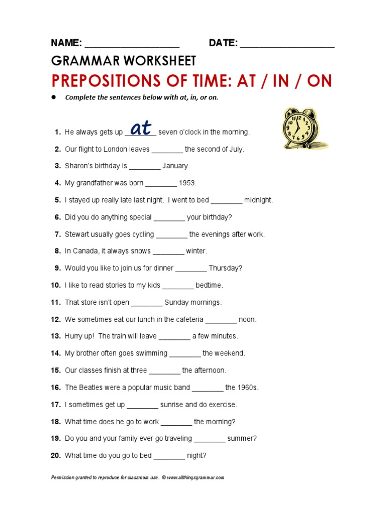 Prepositions of Time: at / in / On: Grammar Worksheet | PDF
