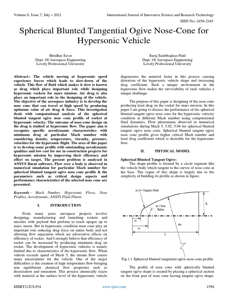Spherical Blunted Tangent Ogive Nose Cone Design | PDF | Hypersonic ...