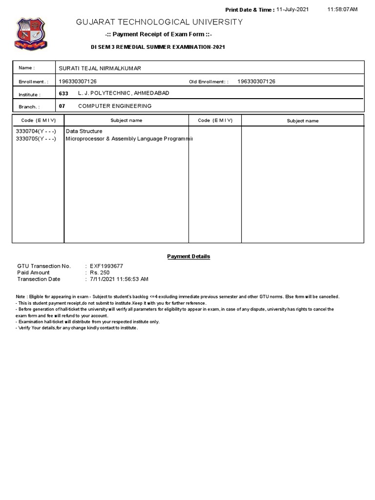 GTU Exam Form Payment Receipt | PDF