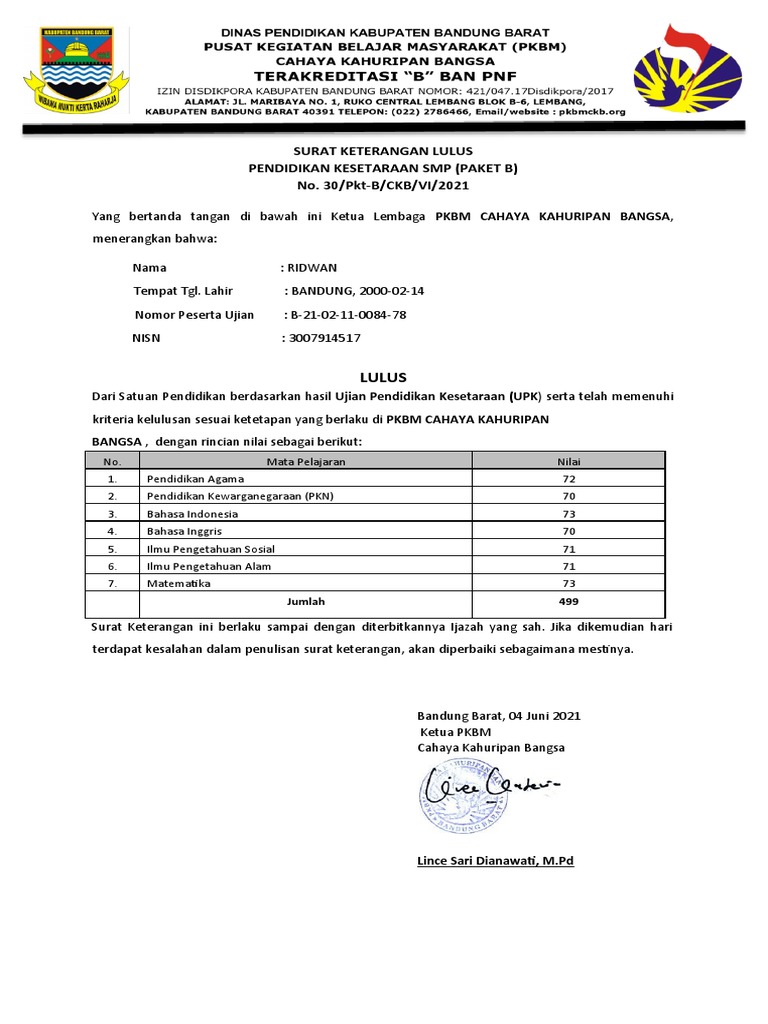 Kelulusan Paket B Word Nya | PDF