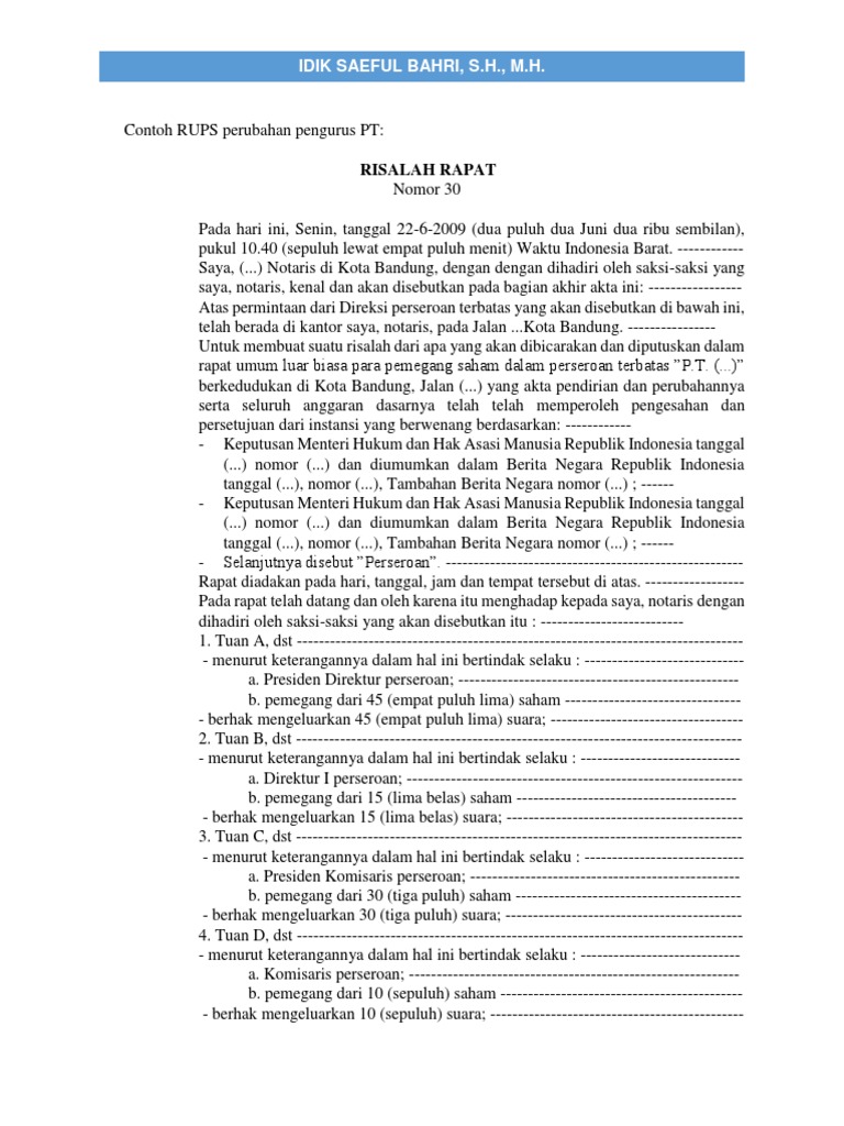 Contoh Rups Perubahan Pengurus PT | PDF
