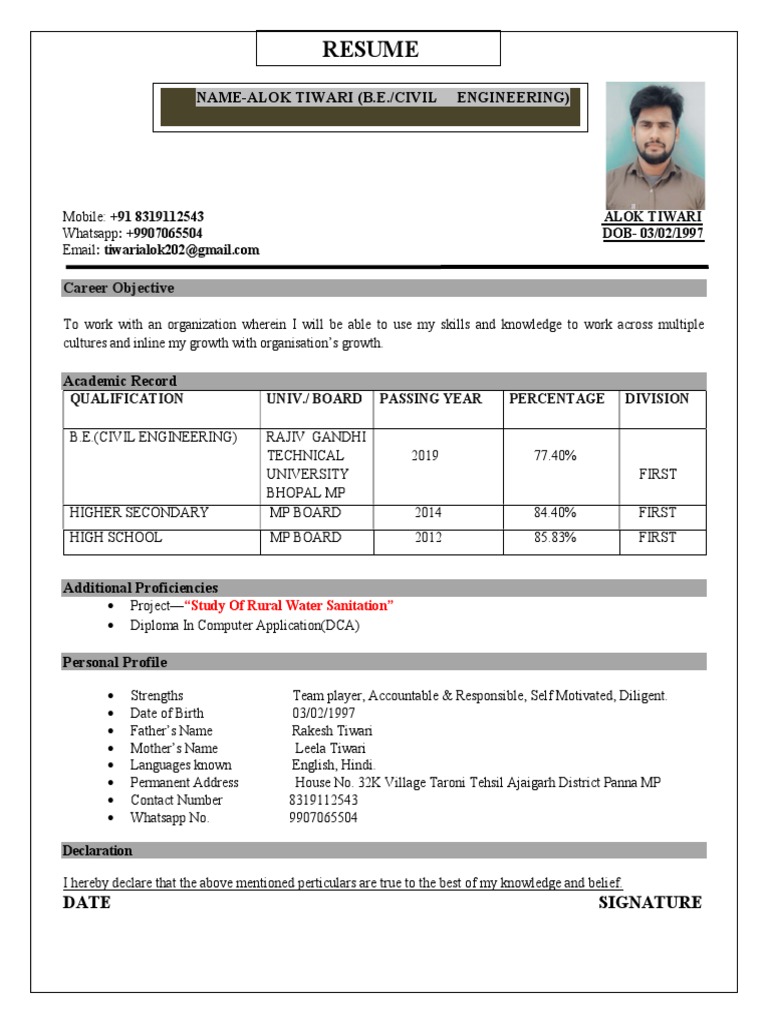 Civil Engineer Resume Alok Tiwari | PDF