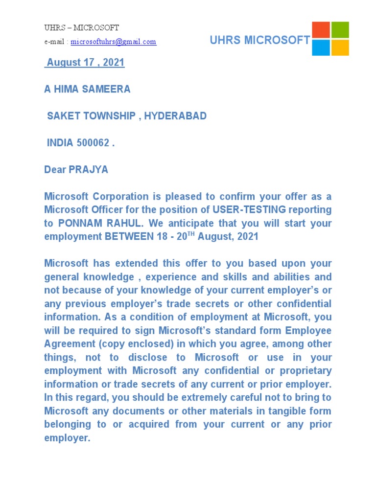 Offer Letter - Microsoft Uhrs Hima Sameera | PDF