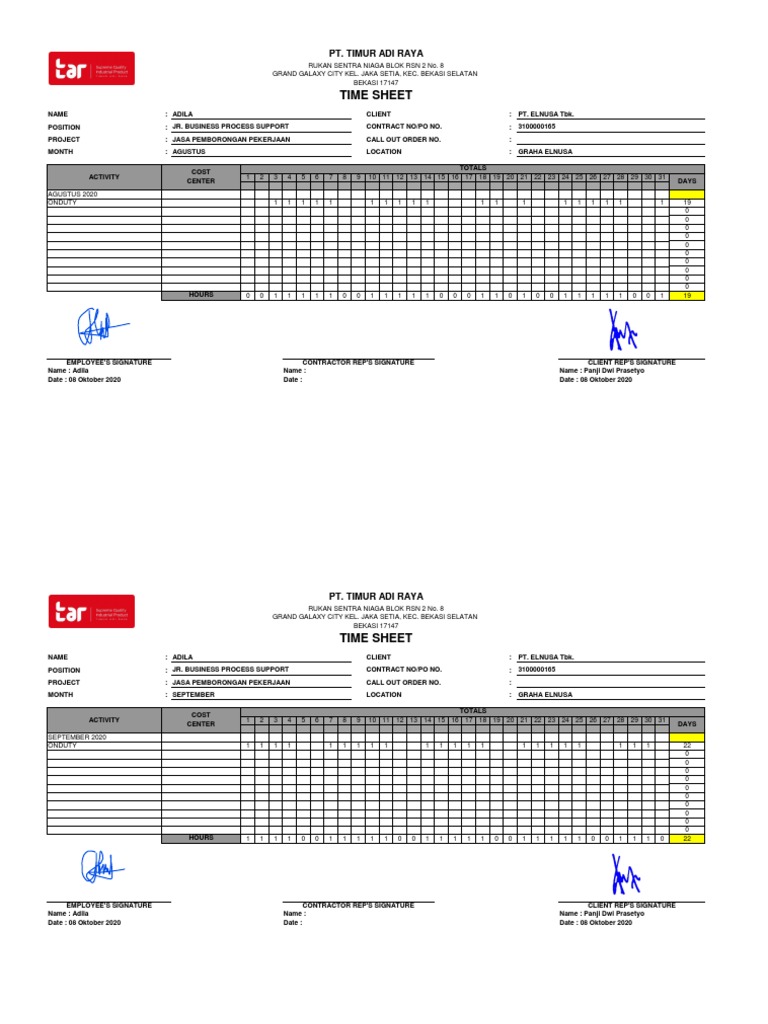 Timesheet Agst-Sept-Okt 2020 | PDF