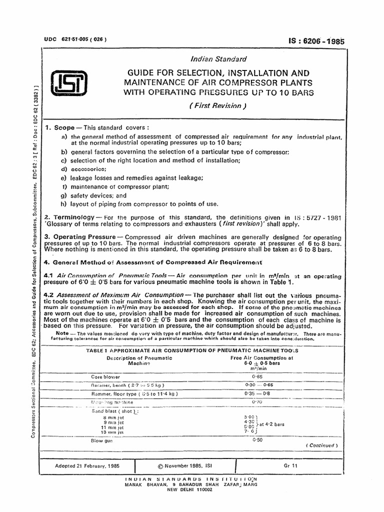 IS 6206-1985 - Air Compressor Plant Up To 10 Bar | PDF | Piston ...