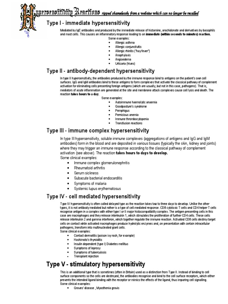 Hypersensitivity Reaction Types | PDF | Immune System | T Cell